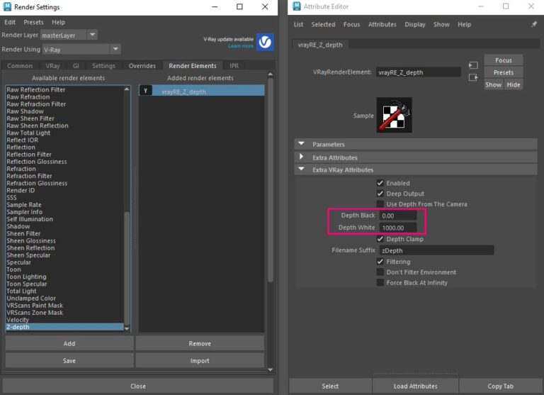 Render a Z-depth render pass in Maya - Vray